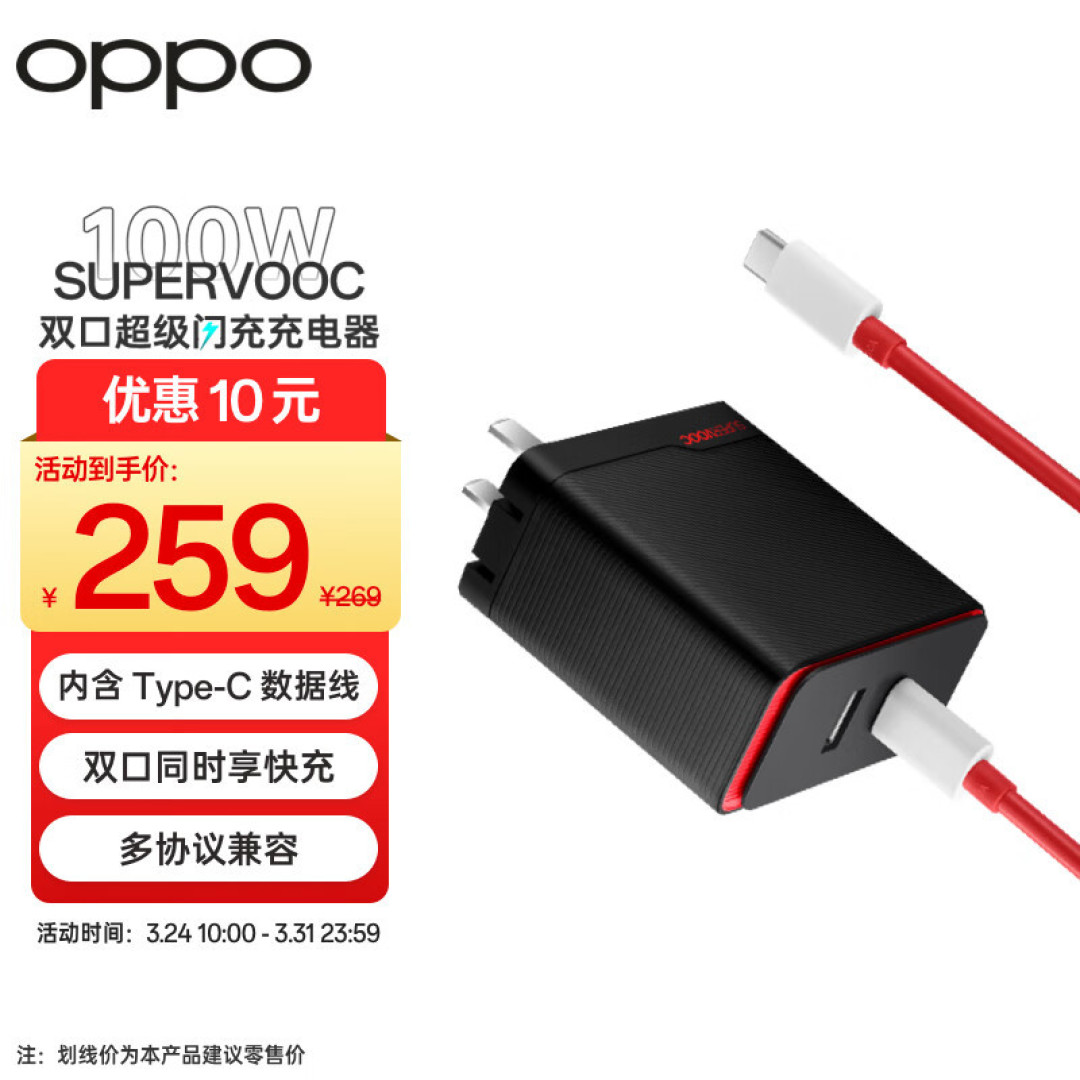 OPPO 推出 100W 双口超级闪充充电器：1A1C双口、多协议兼容259元_充电器_什么值得买