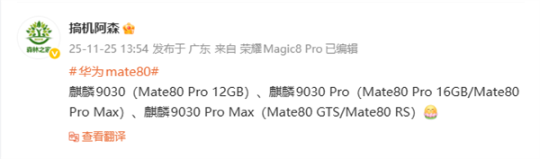 华为Mate 80系列共3款处理器：麒麟9030、麒麟9030 Pro、麒麟9030 Pro Max_CPU_什么值得买